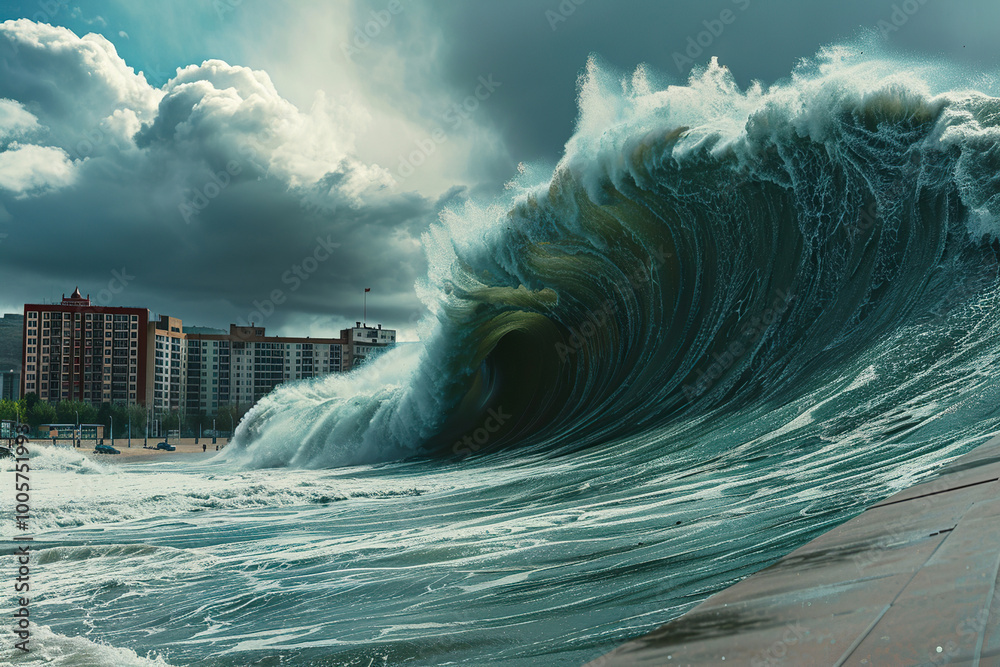 Generative ai on theme of a scary tsunami with huge foamy wave ...