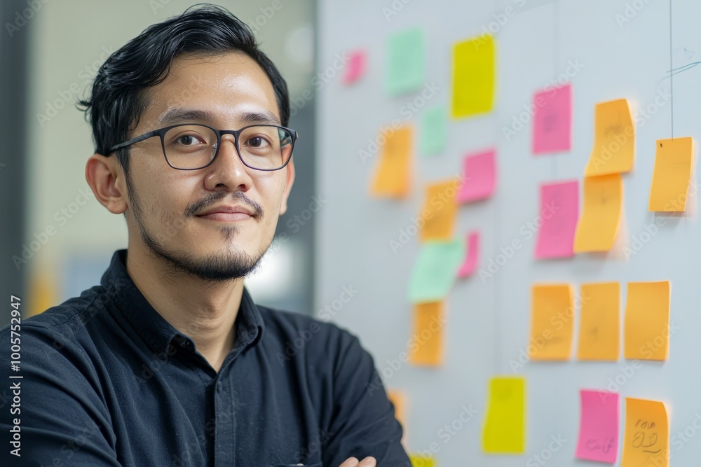 Young techie brainstorming ideas for a tech project, writing on a ...