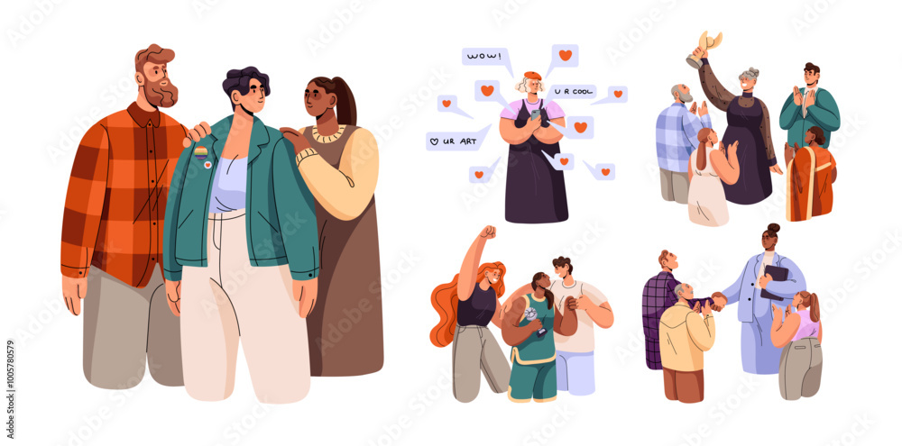 Recognition, social acknowledgement concept set. Team applauses ...