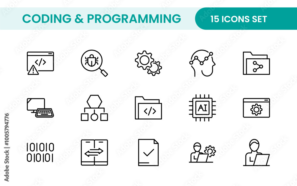 Programming coding set of web icons in line style. Software development icons for web and mobile ...