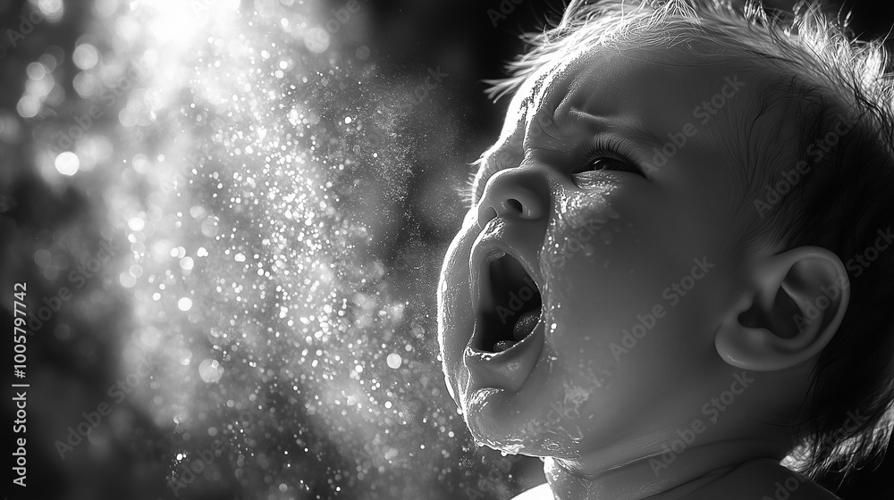 Black-and-white photograph of a baby crying, with tears streaming down ...