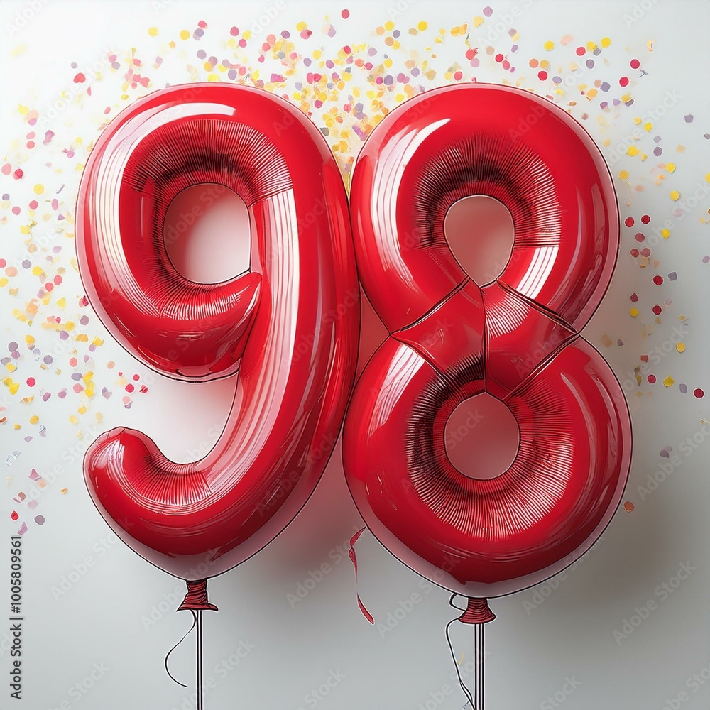 Red birthday / anniversary balloon, number 98, white background with ...