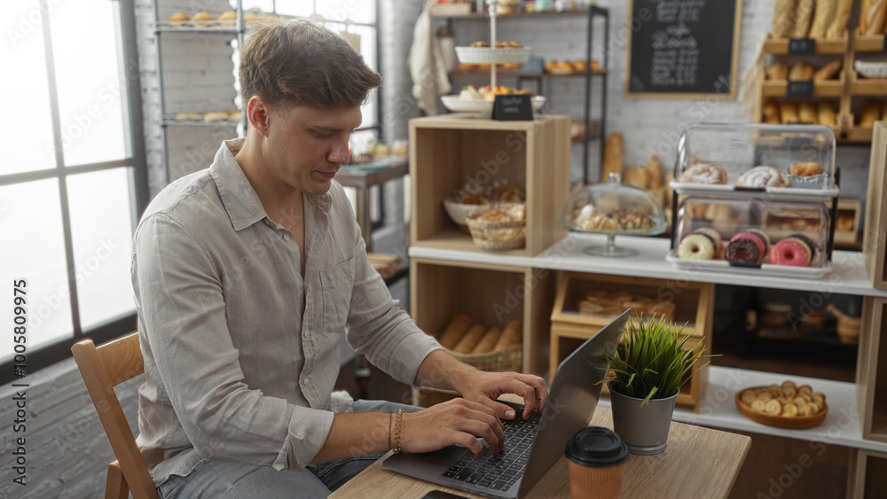 Young man working on a laptop inside a bakery, surrounded by shelves of ...