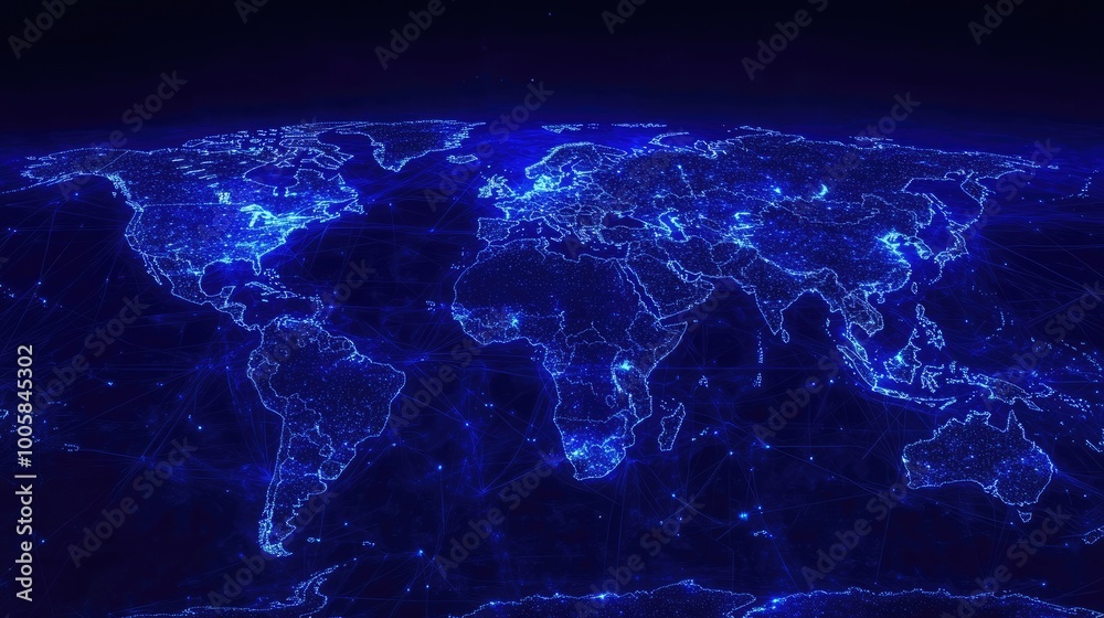 Neon-lit world map showing digital connections around the globe, with ...