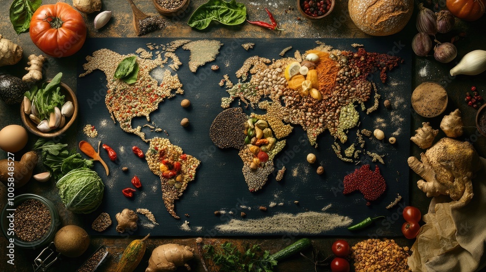 World map made from a diverse range of food ingredients and vegetables ...