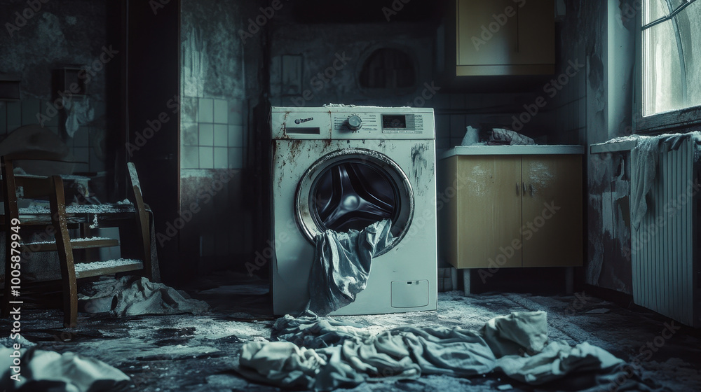 Abandoned laundry room with a washing machine overflowing with dirty ...
