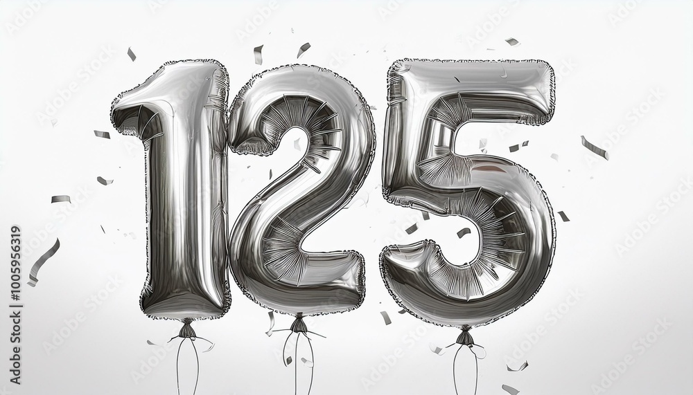 Silver birthday / anniversary balloon, number 125, white background ...