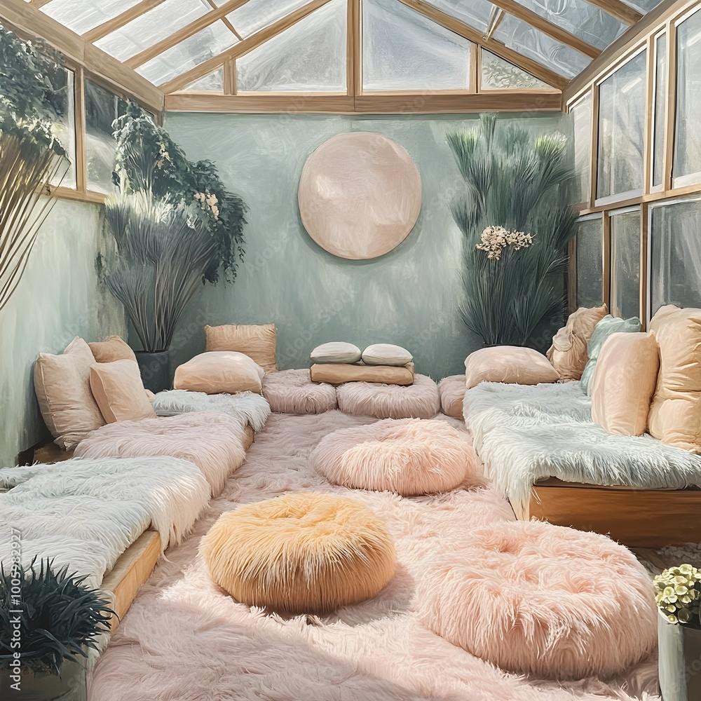 Calming pastel toned meditation nook with fluffy floor seating natural ...