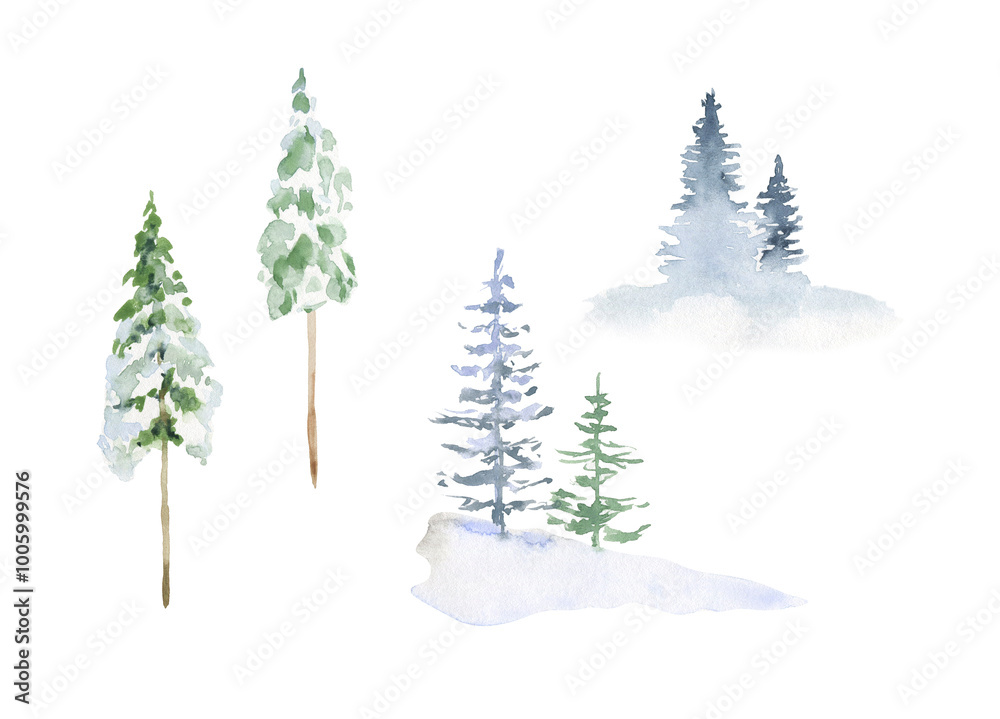 Coniferous forest clip art with pine, fir trees. Hand drawn watercolor ...