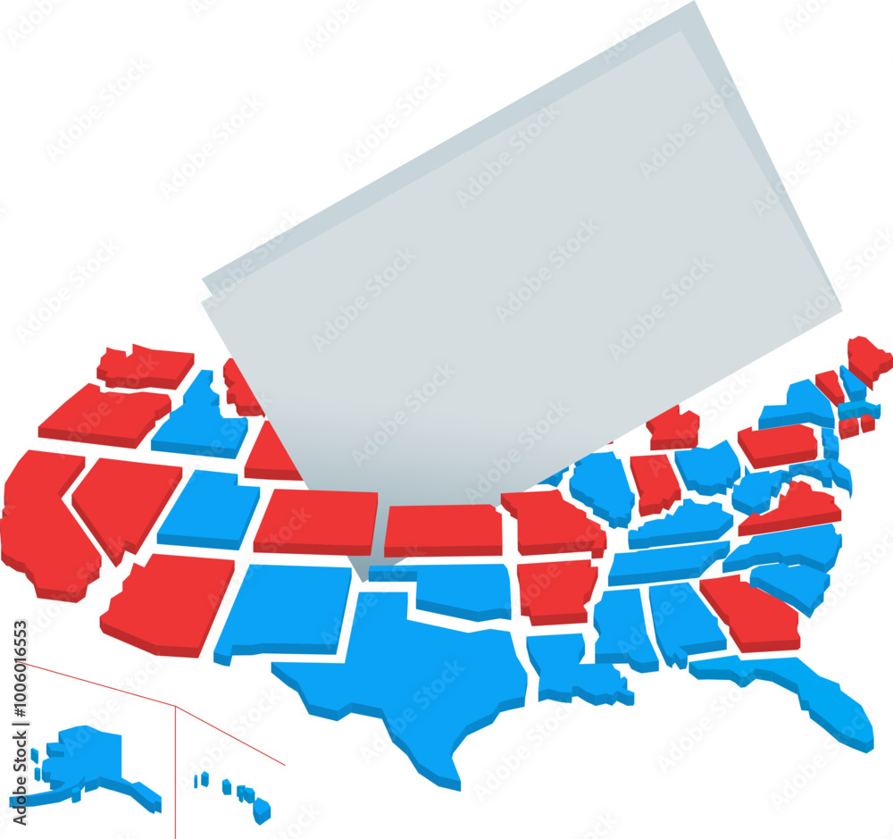 Vector map of the United States with states in red, blue, representing ...