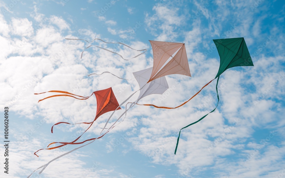 Colorful kites flying high in the sky. Stock Photo | Adobe Stock
