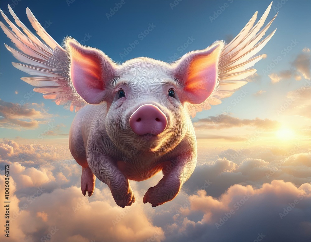 Whimsical Flying Pig with Wings Soaring Above the Clouds in a Dreamlike ...