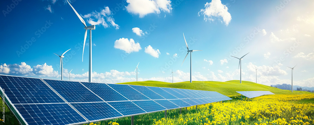 Green energy concept banner design with wind turbines and solar panels ...