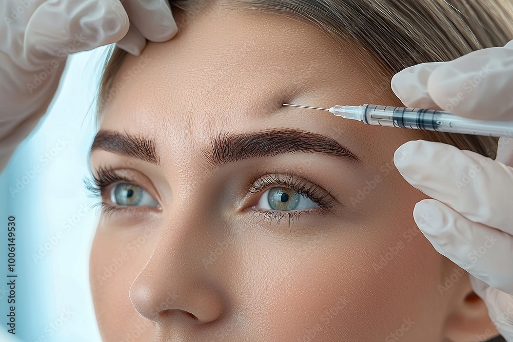 Beautiful young woman getting botox injection. Glabella facial ...