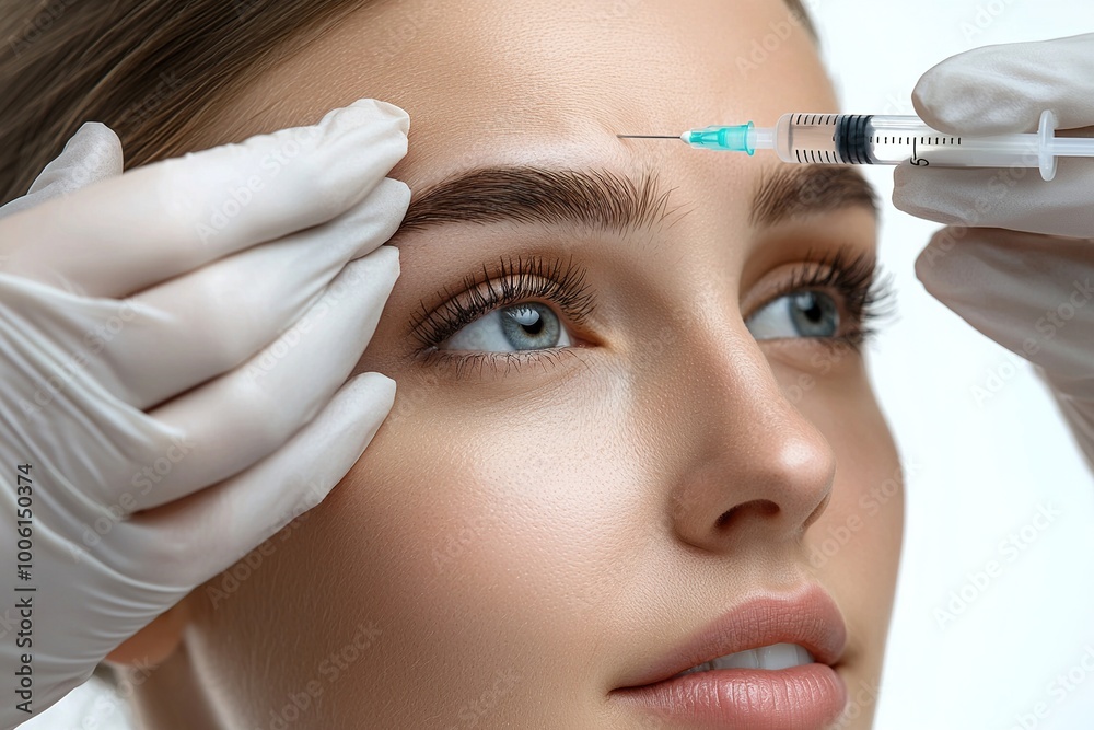 Beautiful young woman getting botox injection. Glabella facial ...
