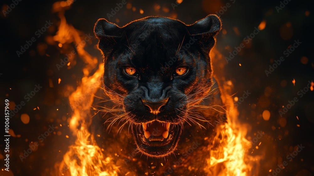 Angry black jaguar with gaping mouth and fiery mane, Glowing yellow ...