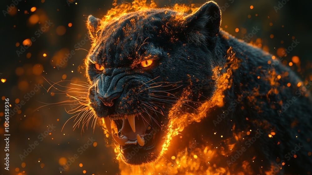 Angry black jaguar with gaping mouth and fiery mane, Glowing yellow ...