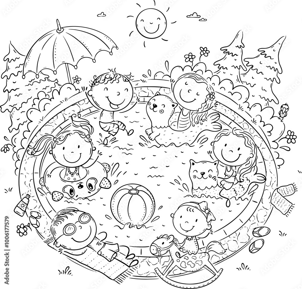 Cute happy kids playing in an swimming pool having fun, summer outdoor ...