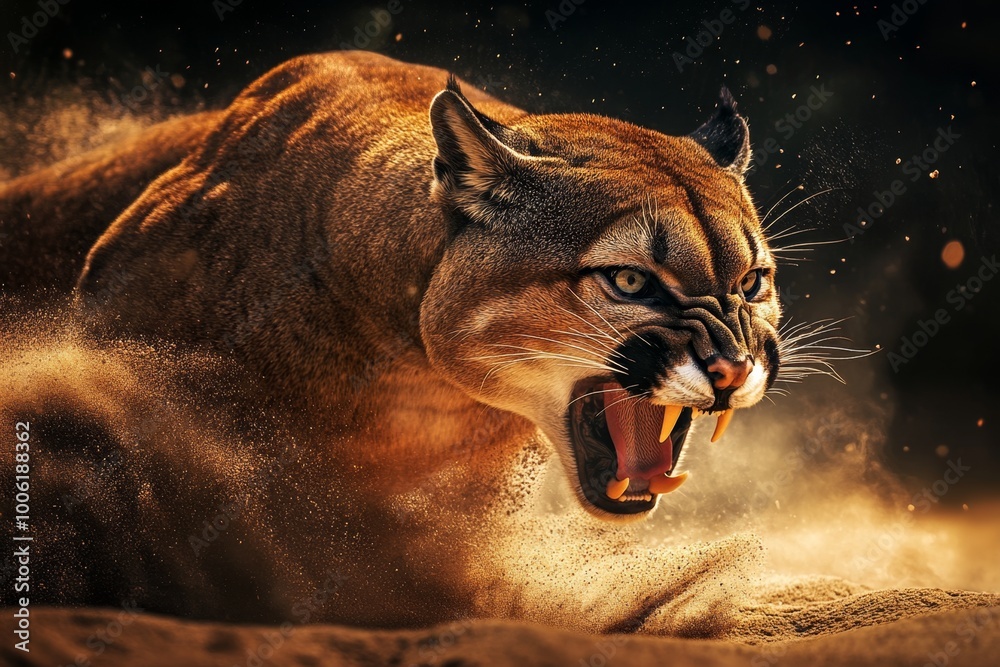 Beautiful big puma with dust and fire on black background. Wildlife ...