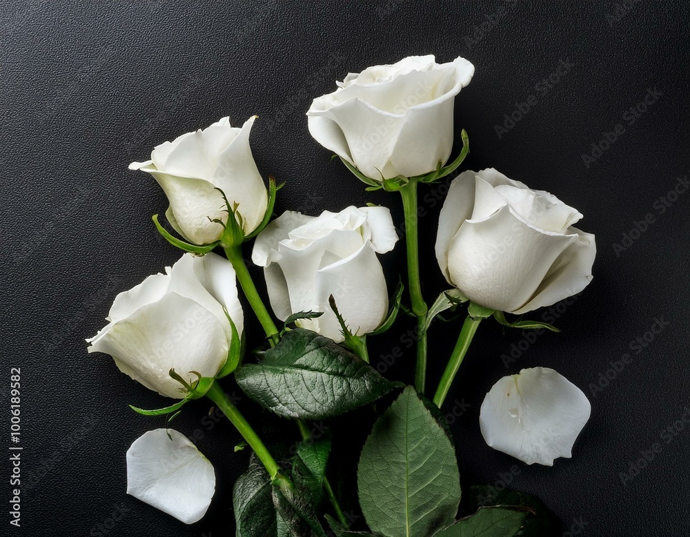 Fresh, white roses on black, dark background. Condolence card. Empty ...