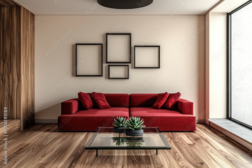 A minimalist living room with walnut wood flooring, ivory walls, and a ...