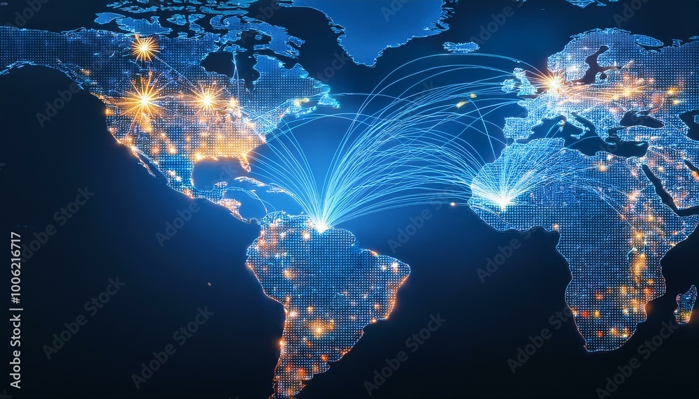This visual illustrates a world map with illuminated pathways ...