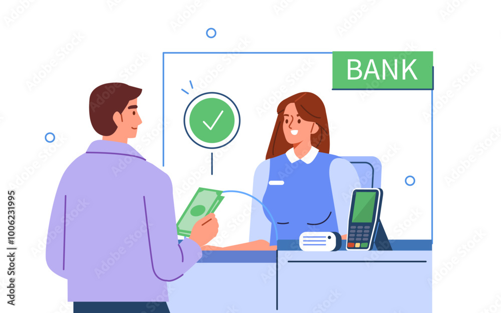 Bank cashier, teller at cash department window in bank office get money ...