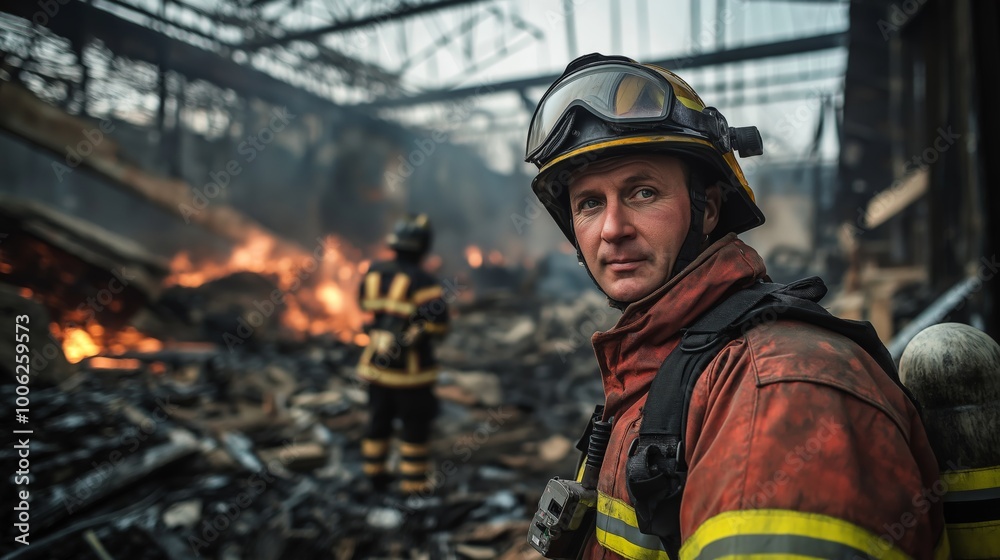 a firefighter wearing a helmet, with another fireman behind him at the ...