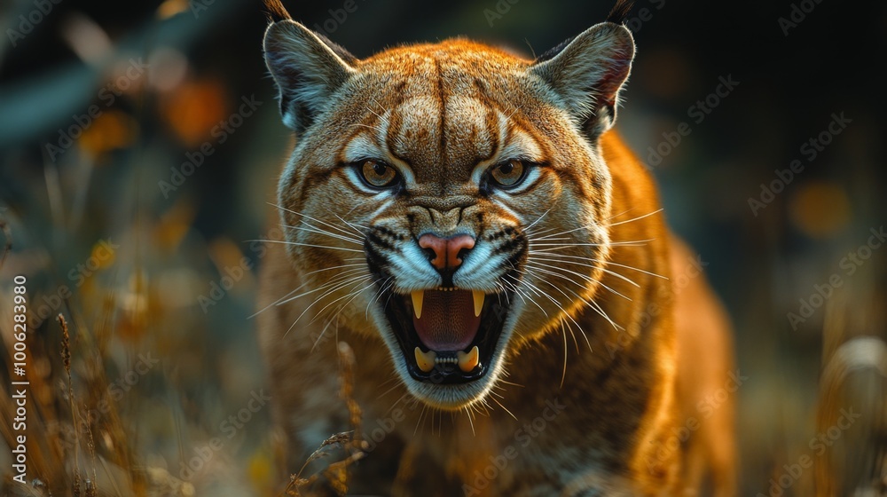 Beautiful big puma on dark background. Wildlife scene. Angry big cat ...