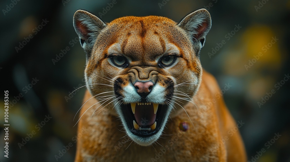 Beautiful big puma on dark background. Wildlife scene. Angry big cat ...