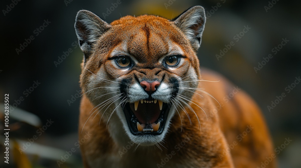 Beautiful big puma on dark background. Wildlife scene. Angry big cat ...