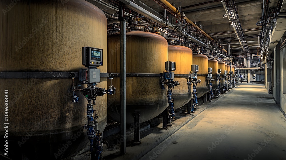 the filtration system, showing large cylindrical tanks filtering water ...
