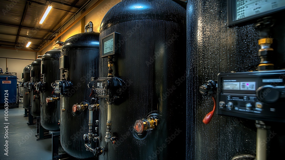 the filtration system, showing large cylindrical tanks filtering water ...