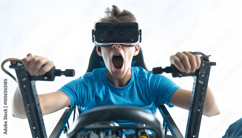 gamer in blue tshirt VR virtual reality glasses enjoys immersion with ...