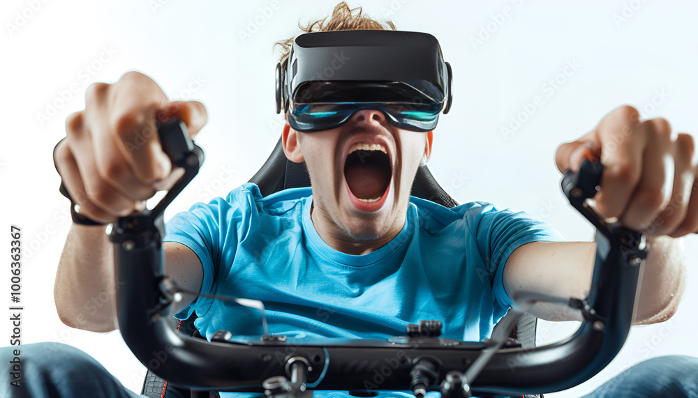 gamer in blue tshirt VR virtual reality glasses enjoys immersion with ...