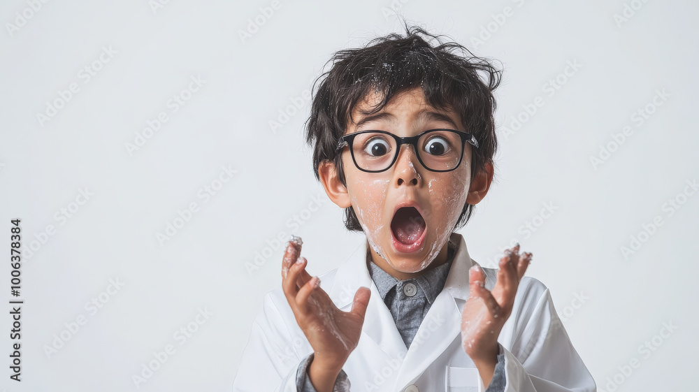 Japanese boy scientist, soot-streaked face, surprised by his experiment ...