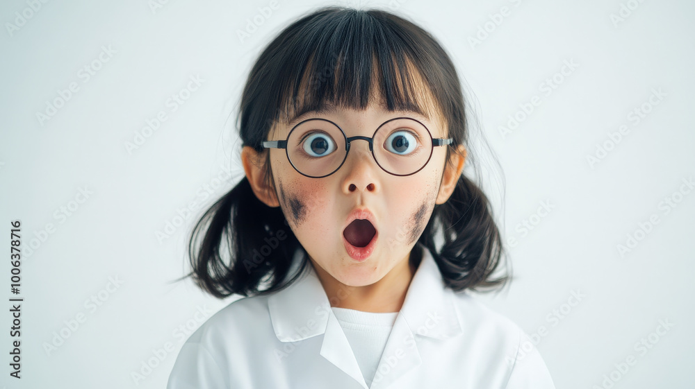 Little Japanese girl scientist with soot on her face, wide-eyed in ...