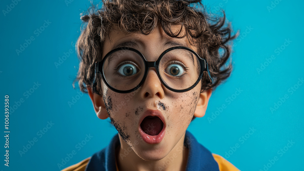 Hispanic boy scientist, soot-streaked face, surprised by the results of ...