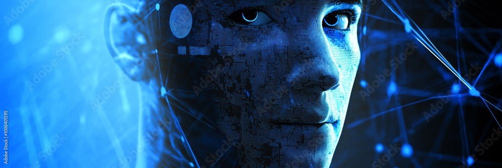 A man's face is shown in a blue background with a lot of lines and dots ...