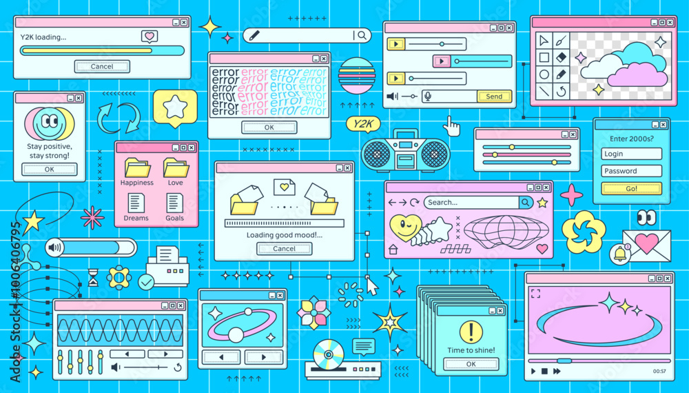 Y2k computer pc windows, retro page interface, vector UI. Old desktop computer screen icons, y2k ...
