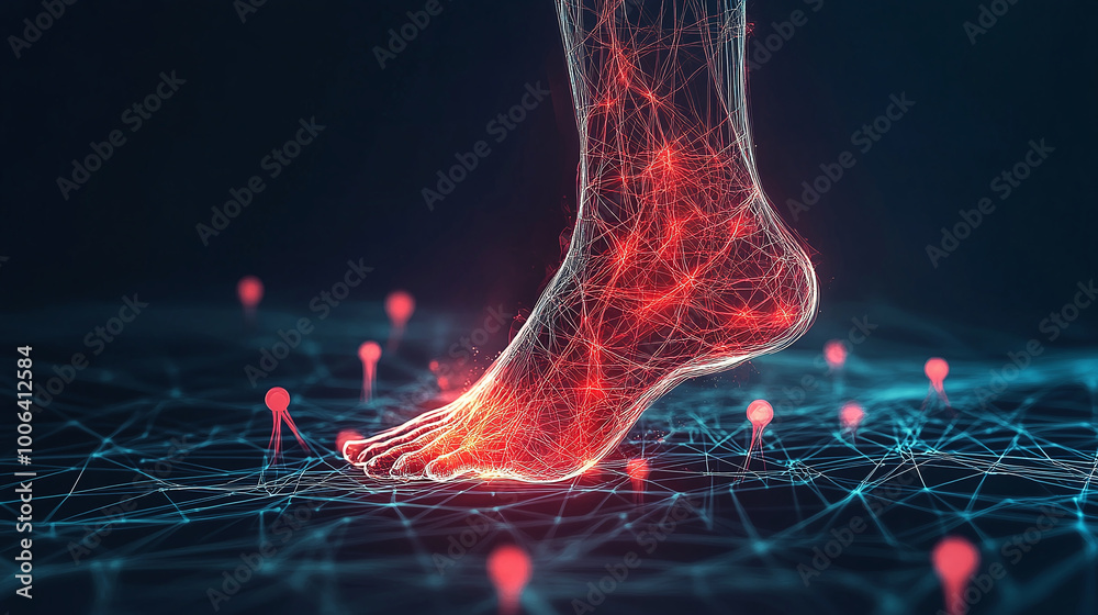 Glowing red nerve lines spreading from feet on dark gradient background ...