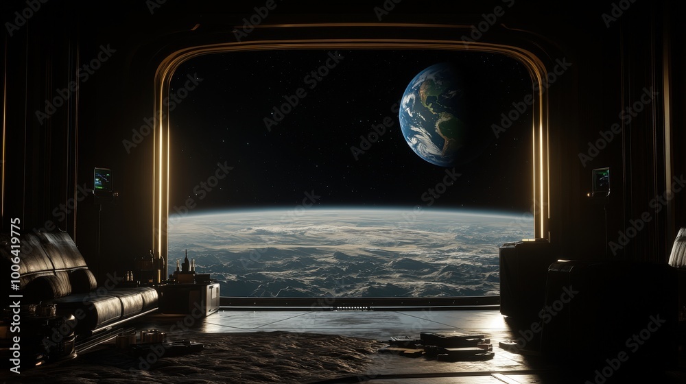 An astronaut's perspective from a futuristic room in space, providing a ...