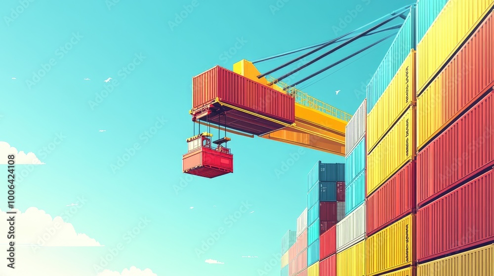Vector artwork showing a container crane lifting multiple containers ...