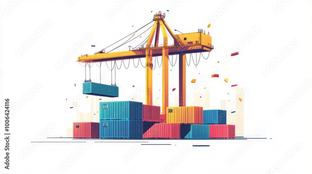 Vector artwork showing a container crane lifting multiple containers ...