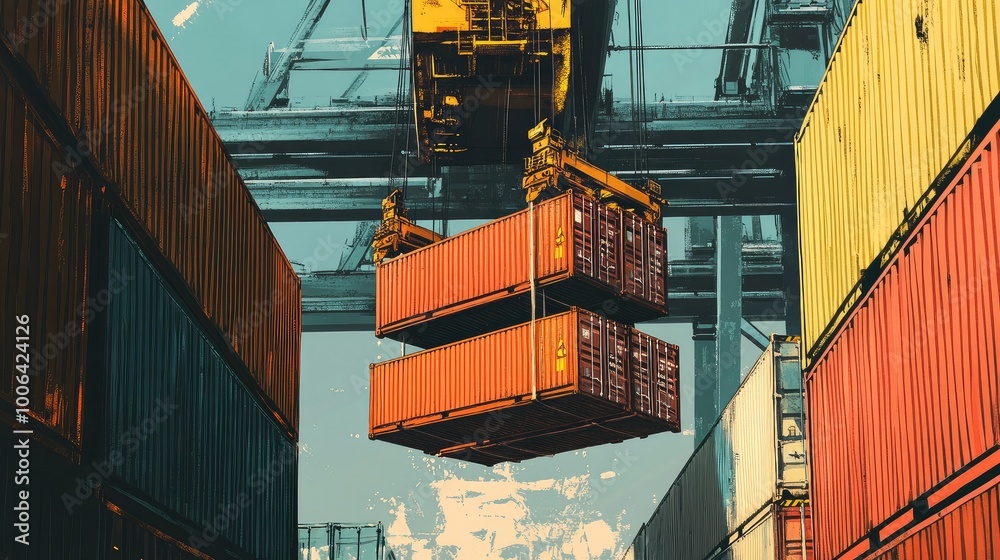 Vector artwork showing a container crane lifting multiple containers ...