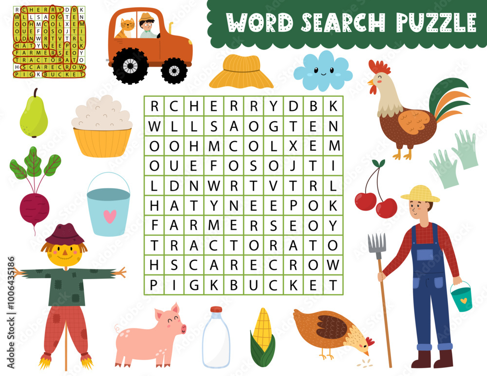 Word search puzzle with cute farm characters. Find the hidden words ...