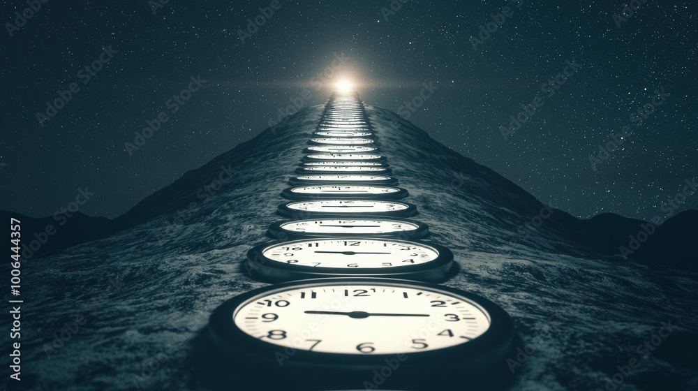 A staircase made of clock faces, each step leading upward into a ...