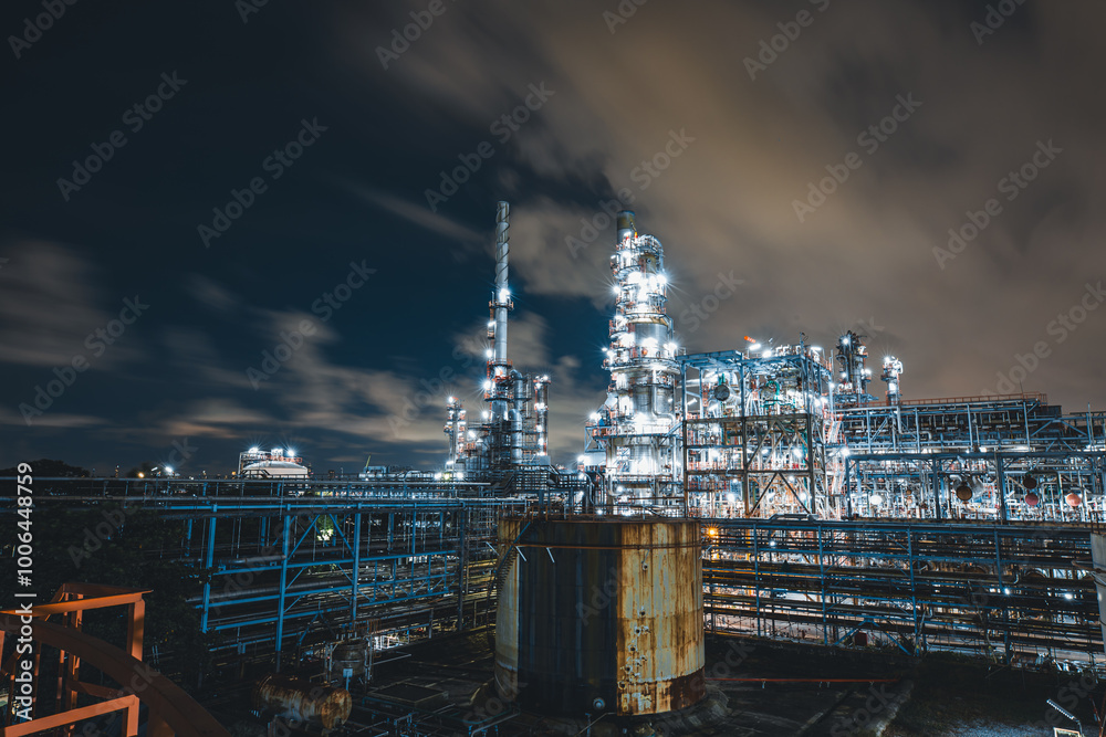 Oil refinery night and plant and tower column of Petrochemistry ...