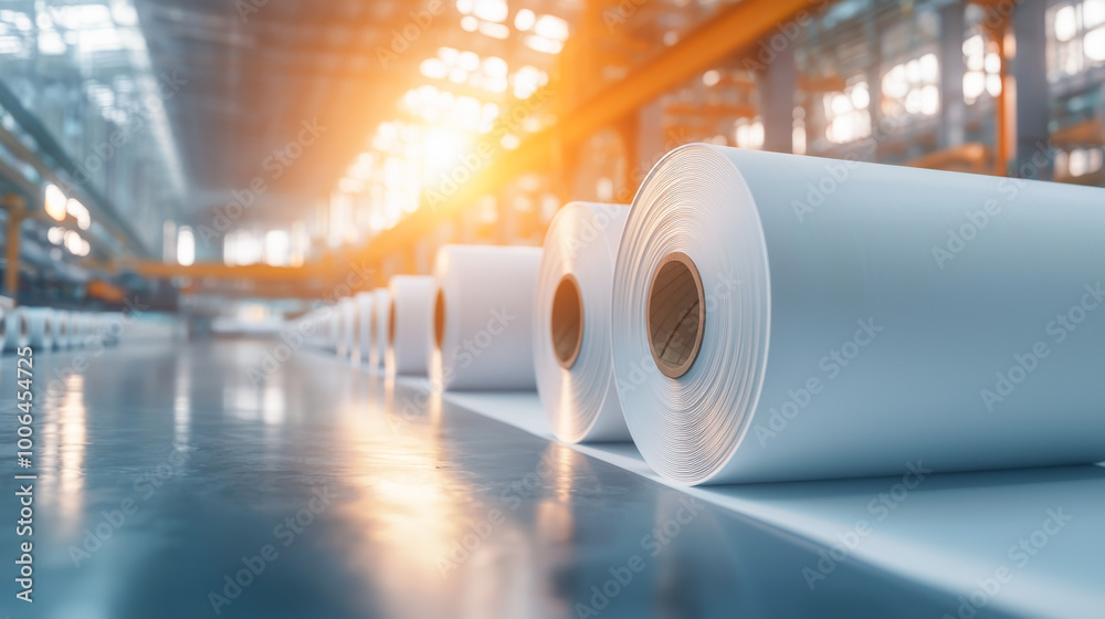 Rolls of blank paper stacked in a factory, illuminated by warm sunlight ...