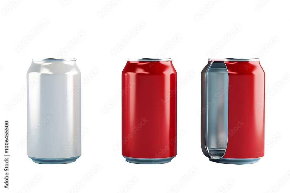 Red and white soda cans, one can is open, one silver with no label, all ...